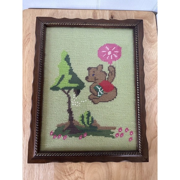 Handmade | Art | Vintage Framed Bear With Balloon Needlepoint Winnie ...